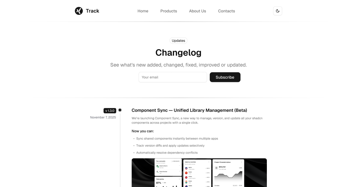 Track - Shadcn UI Changelog Template - Free - Shadcn Studio
